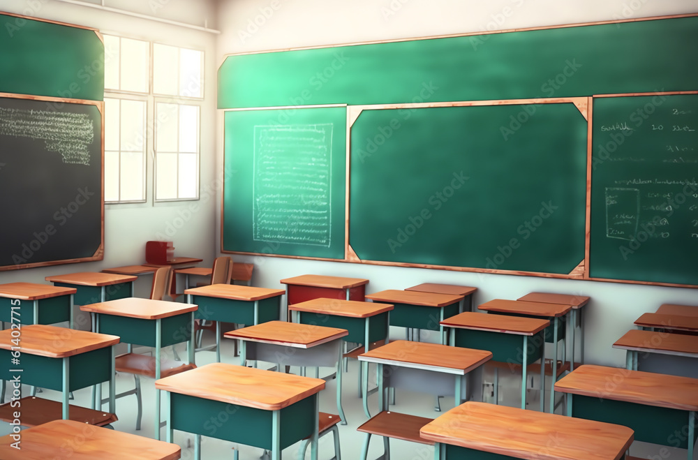 Generative AI School empty classroom with test sheet or exams paper on ...
