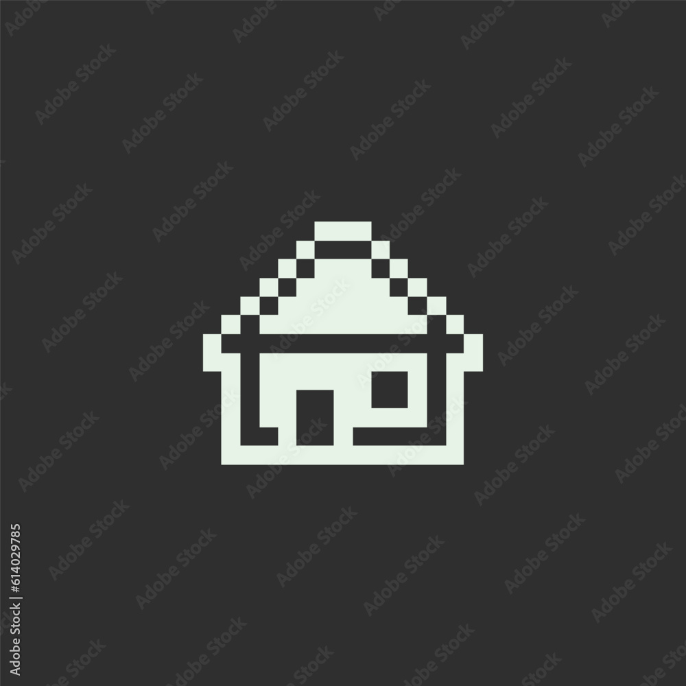 this is Home icon 1 bit style in pixel art with white color and black ...
