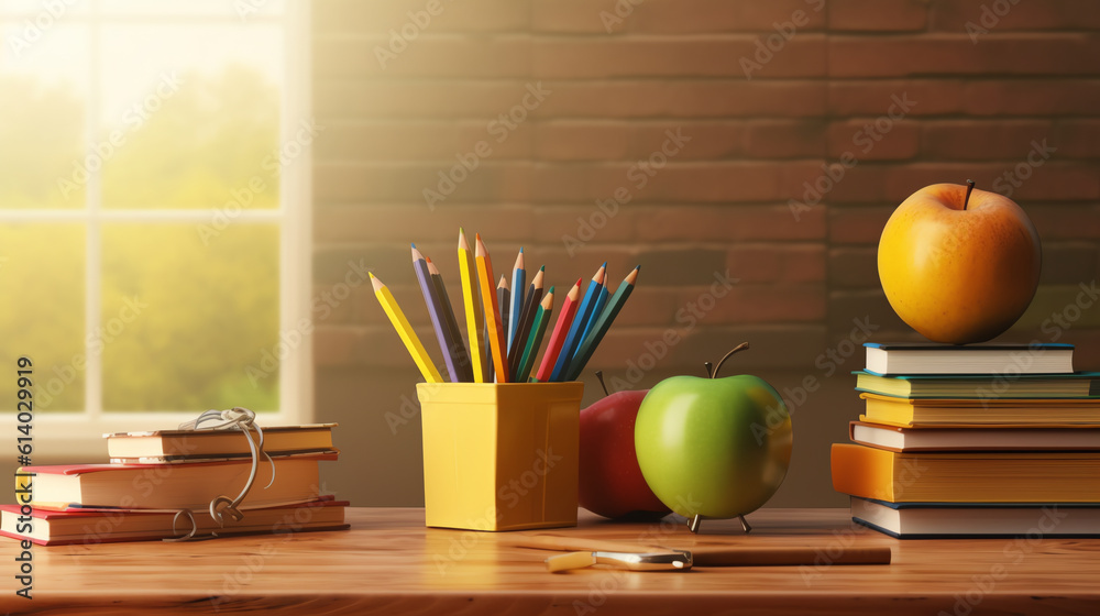Generative AI Cartoon style school elements - book, pen, pencils and ...