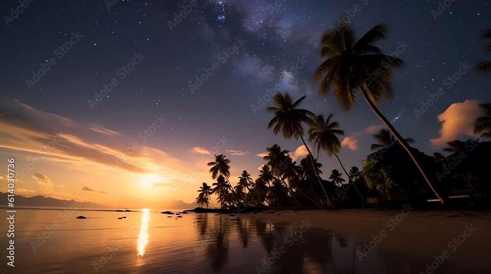 Generative AI Movie night on starry tropical island beach. Amazingly ...