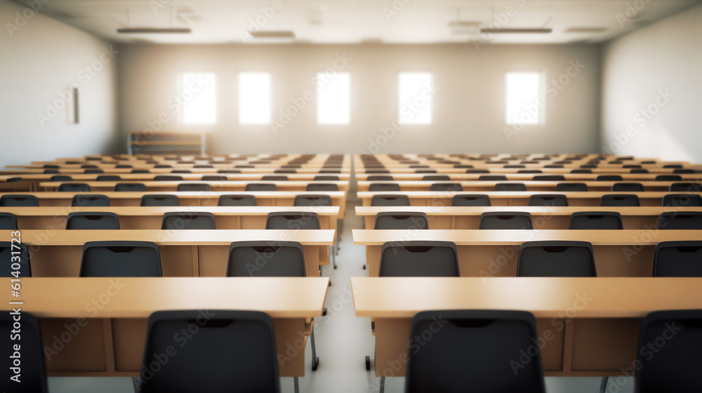 Generative AI School empty classroom or lecture room interior with desks chair iron wooden ...