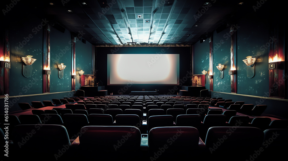 Generative AI Empty movie theatre interior with screen and seats. Stock Illustration | Adobe Stock