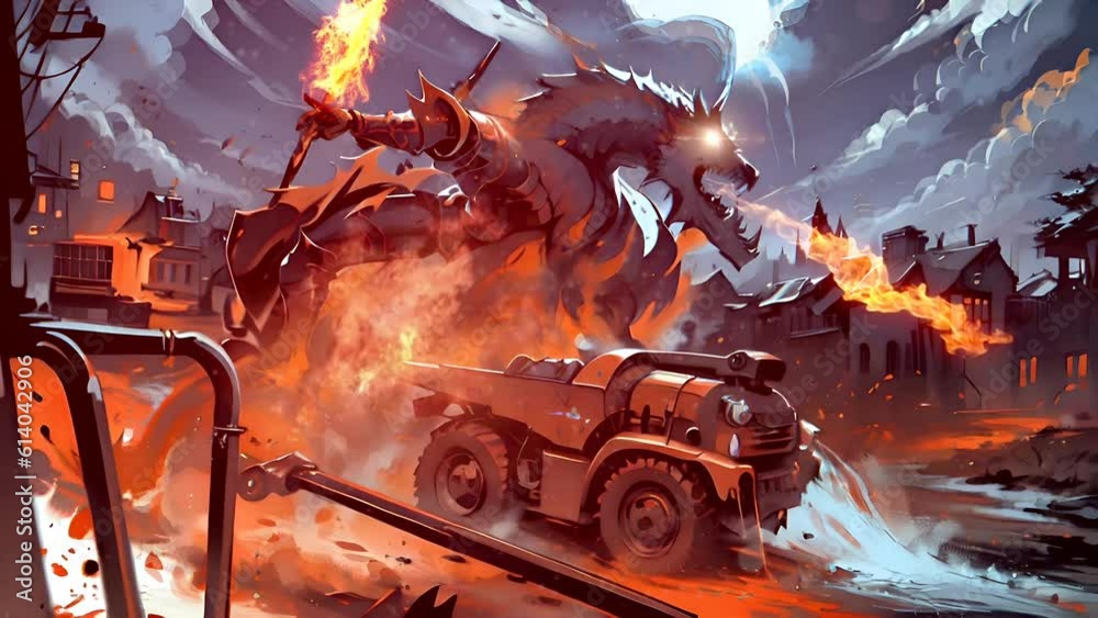 Footage Animated, A fearsome dragon monster wields a flaming sword and ...