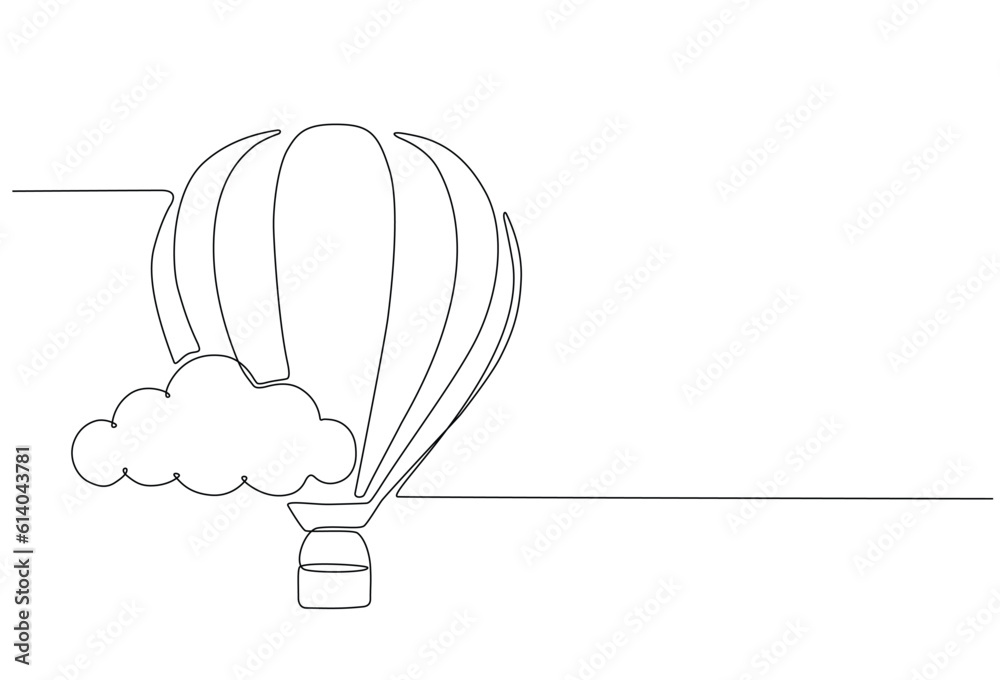 Continuous line drawing of hot air balloon in sky with clouds. hot air ...