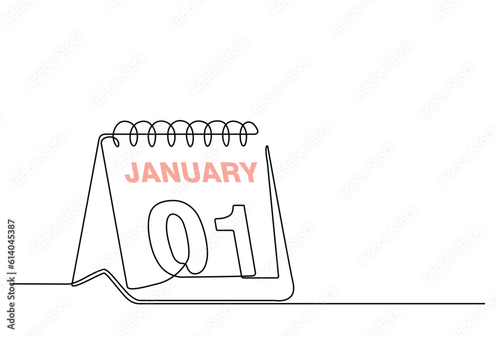 Continuous line drawing of calendar icon day with 1 january. calendar ...