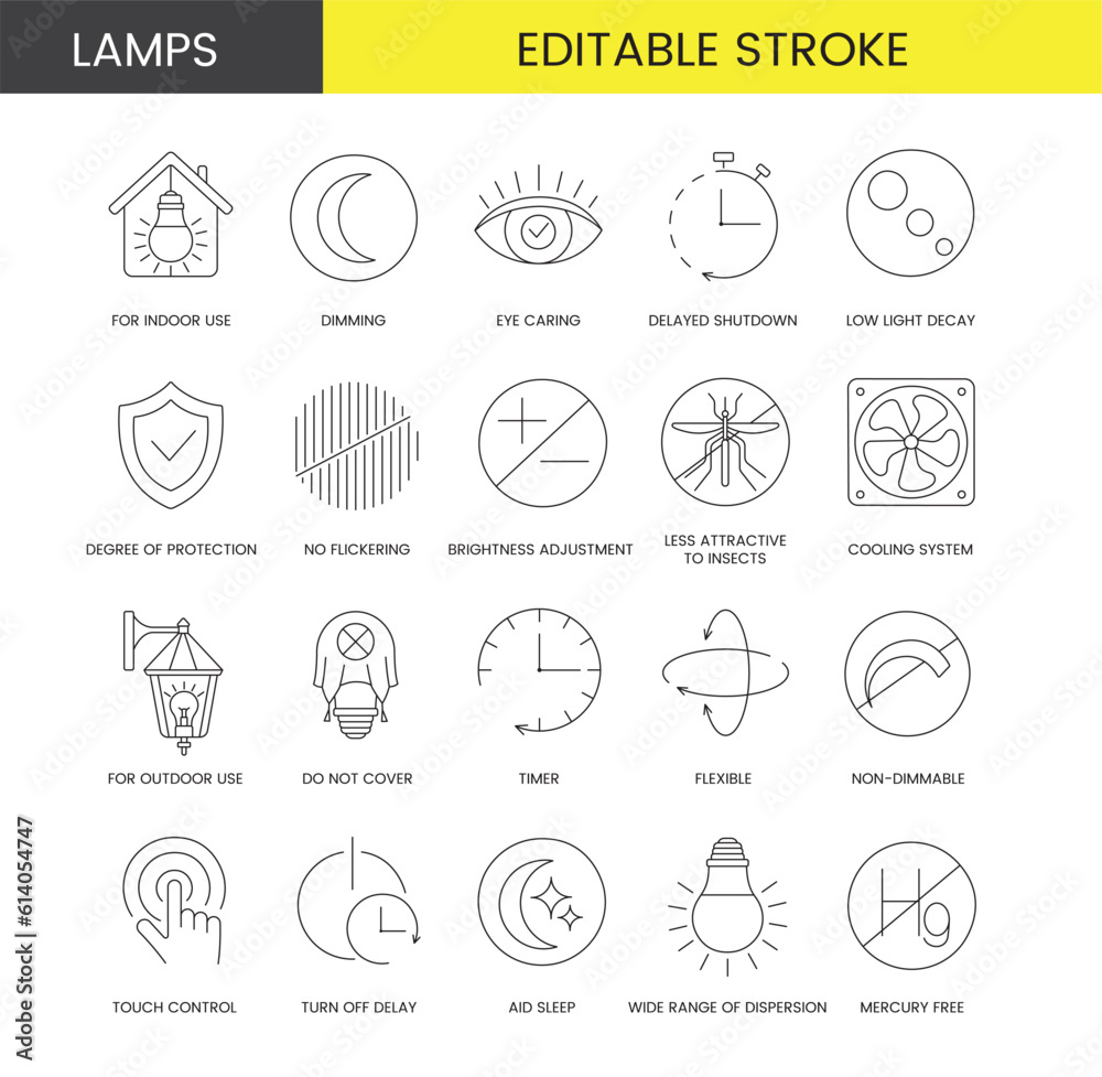 Line icon set in vector for lamp packaging, technical specifications ...
