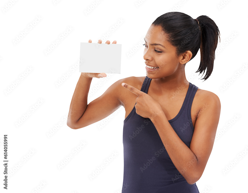 Fitness, pointing at mockup and a woman with a card isolated on a ...
