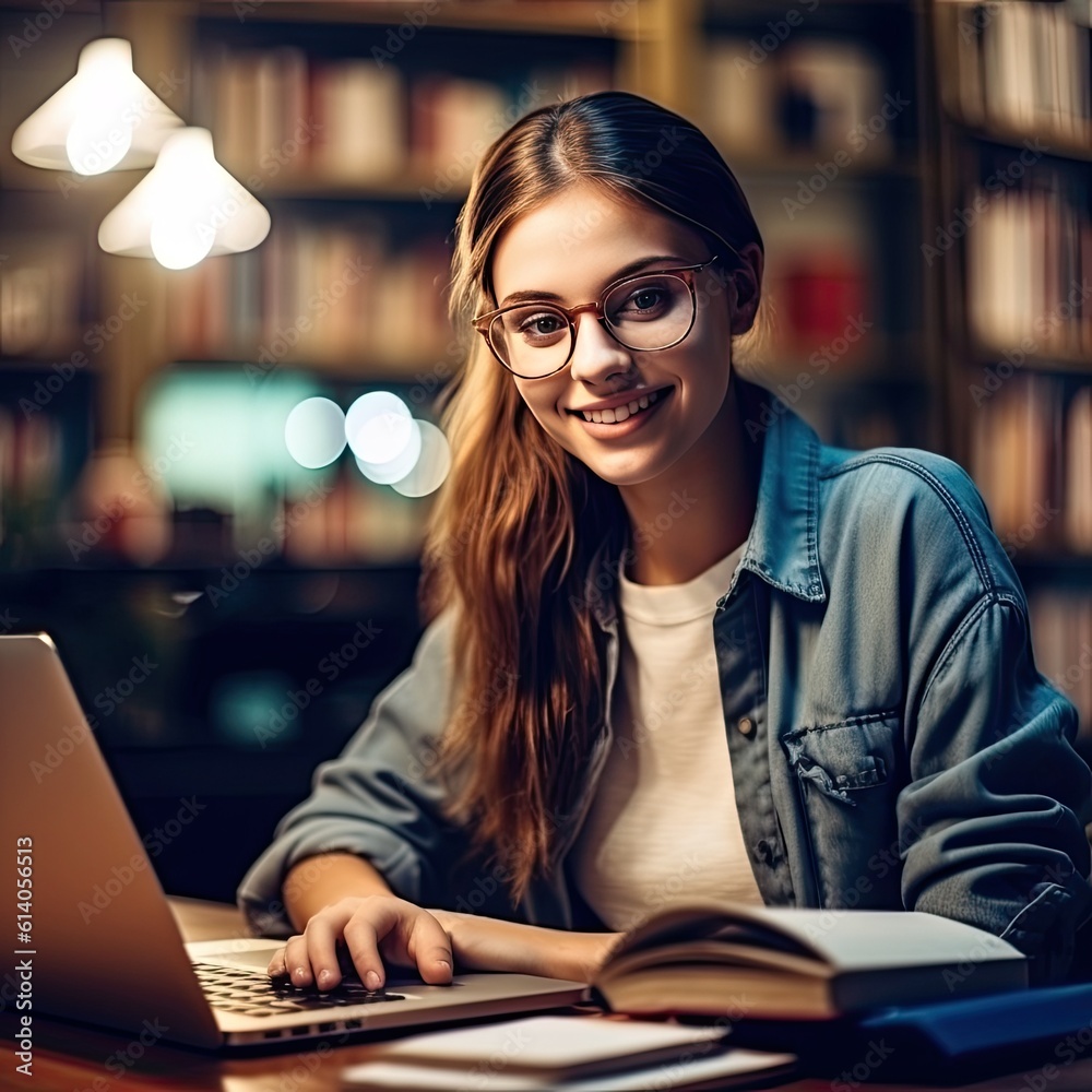 woman students are sitting in the library reading.woman students using ...