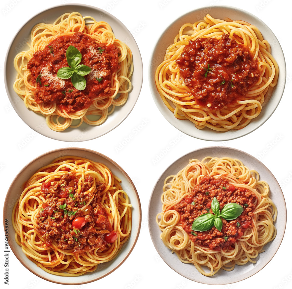Collection of plates of spaghetti with bolognese sauce, top view on a ...