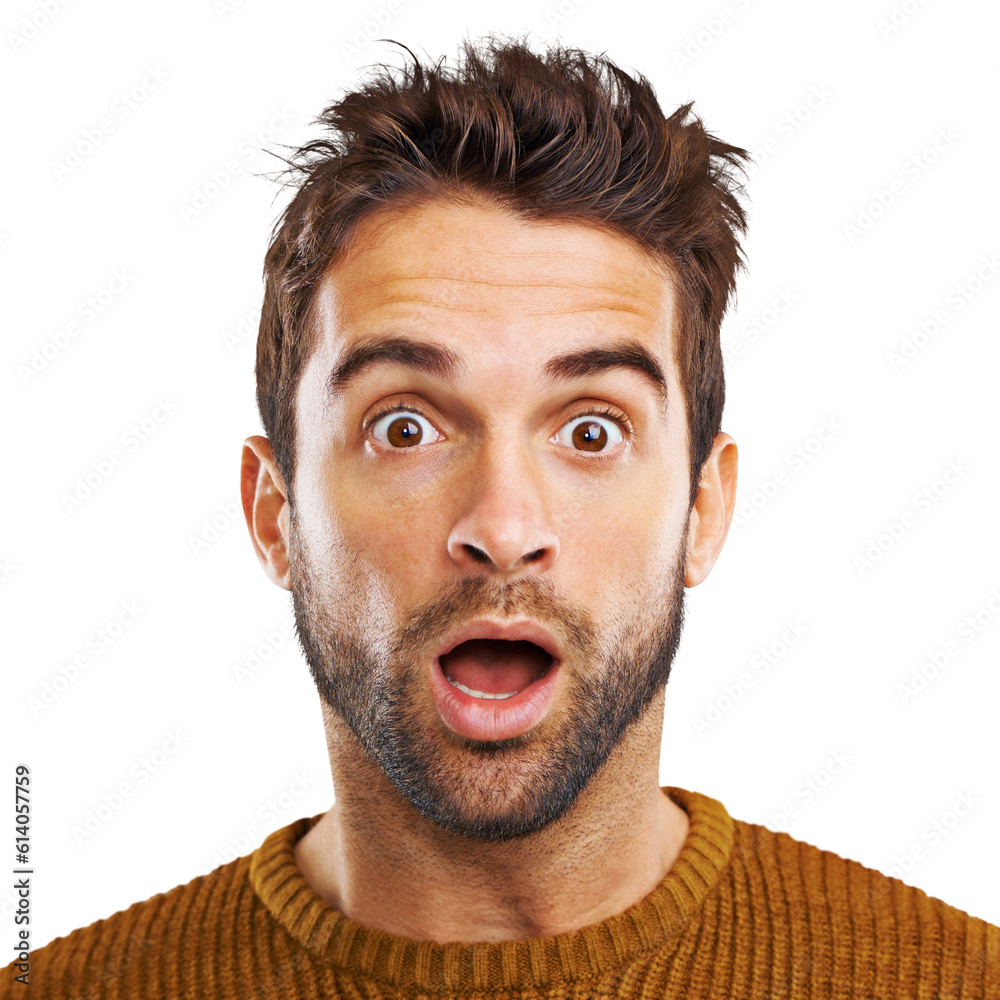 Wow, surprise and portrait of man on isolated, transparent or png ...