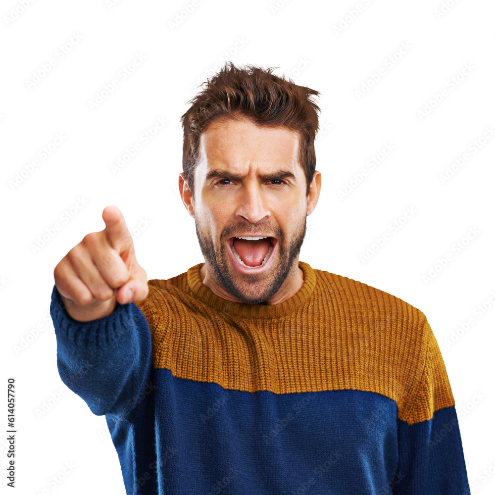 Hand, pointing and portrait of angry man shouting on isolated ...