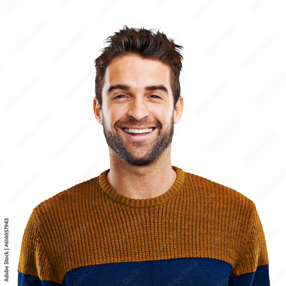 Man, happy and handsome face with joy for funny joke isolated on a ...