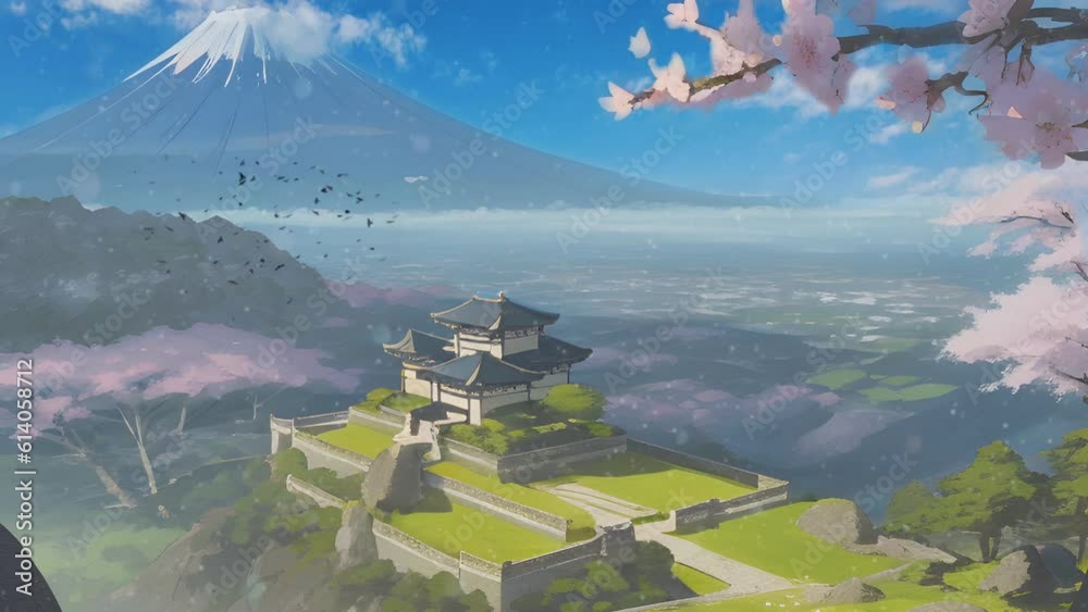 Animated background of cherry blossom trees and royal fortress in the ...