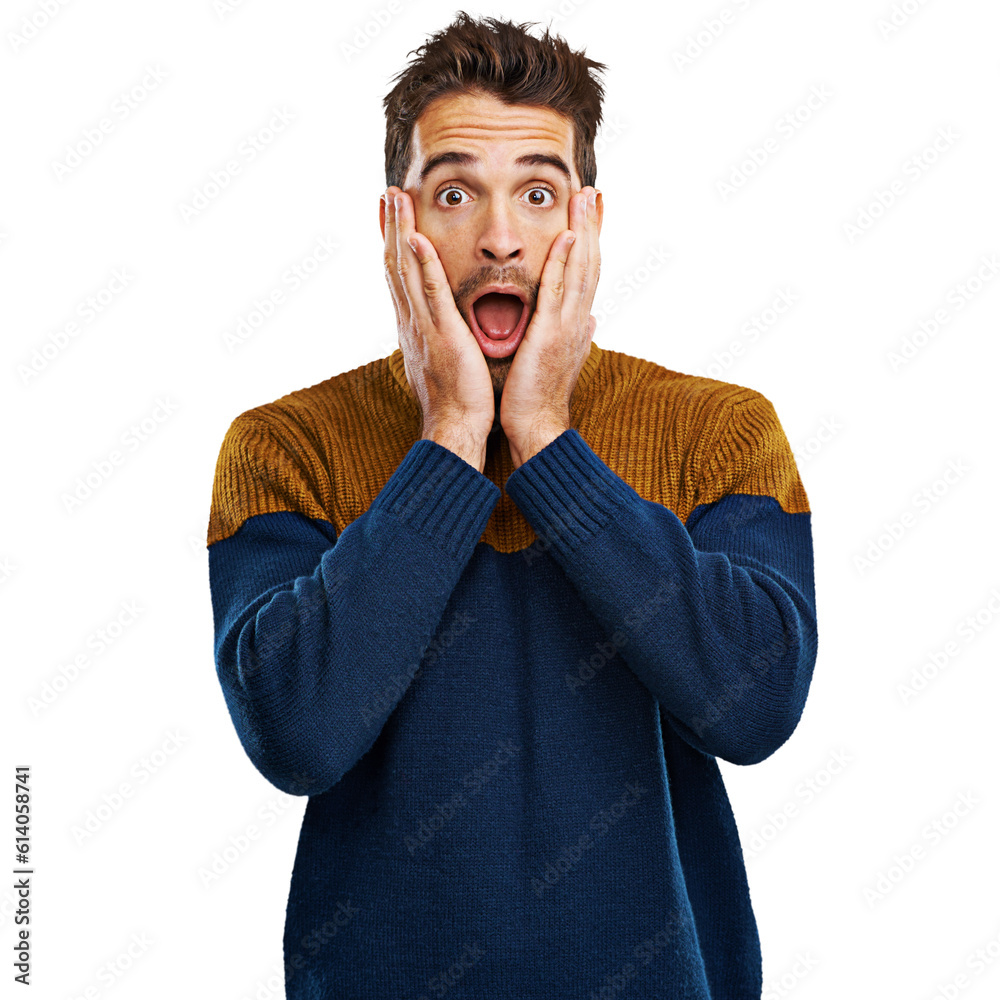 Wow, surprise and hands on face of man on isolated, transparent and png ...