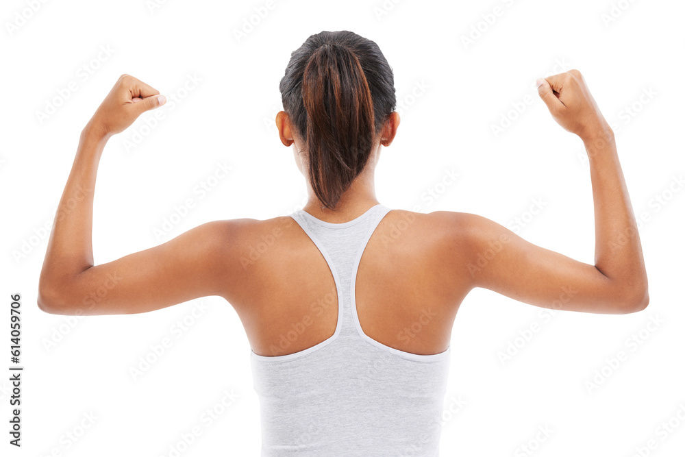 Fitness, woman flexing arms from back and isolated on transparent png ...