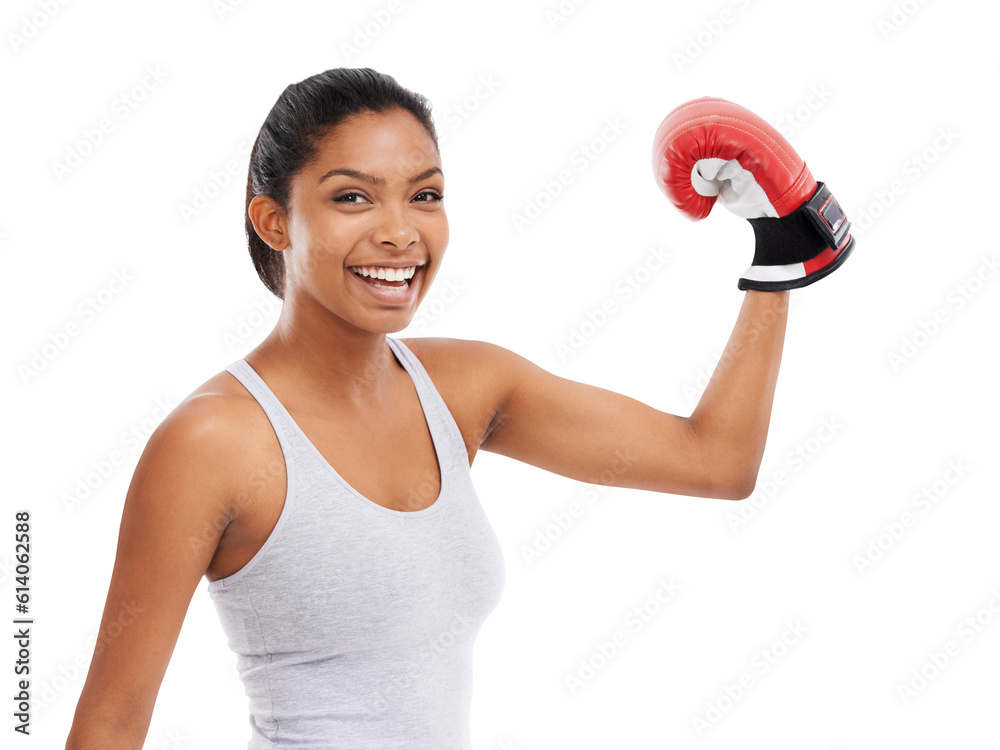 Boxing gloves, portrait and woman flexing for fitness on isolated ...
