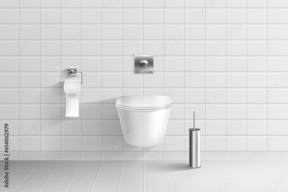 Realistic toilet. Bathroom ceramic tile, wc room wall, small seat, hung ...