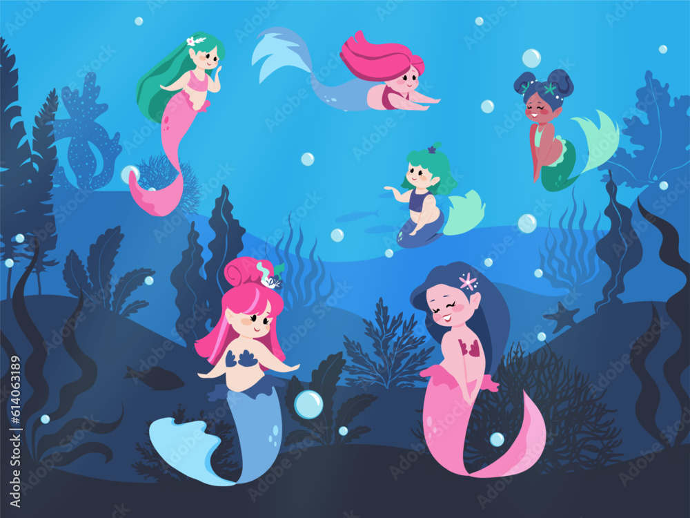 Mermaids. Cartoon flat style isolated illustration. little sea princess ...