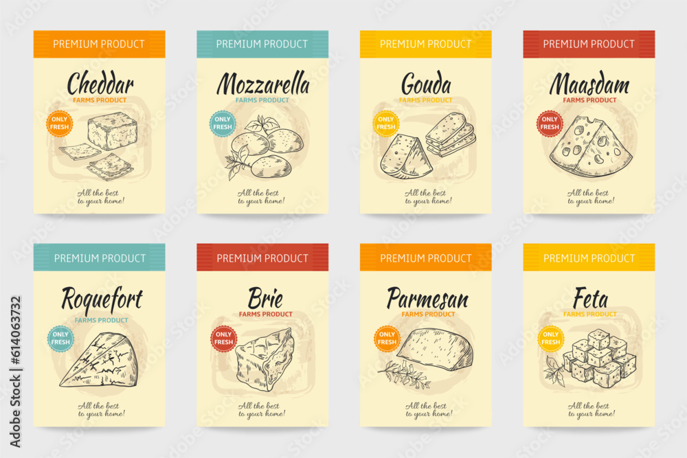 Cheese posters. Gourmet food vintage sketch. Organic cheesy snacks menu ...