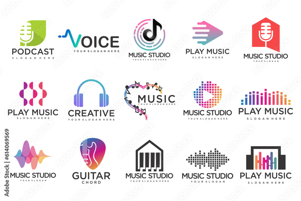 Music icons set.vector logos with musical notes and audio wave .music ...