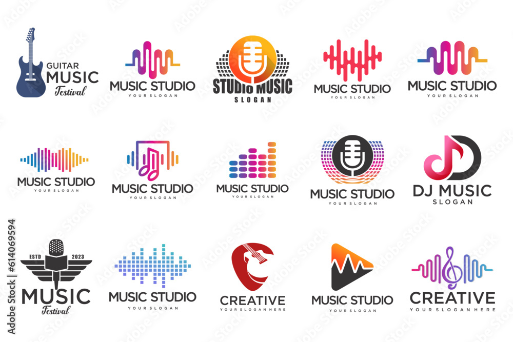 Music icons set.vector logos with musical notes and audio wave .music ...