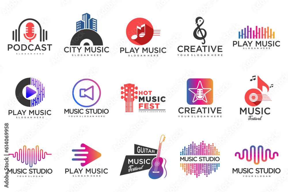Music icons set.vector logos with musical notes and audio wave .music ...