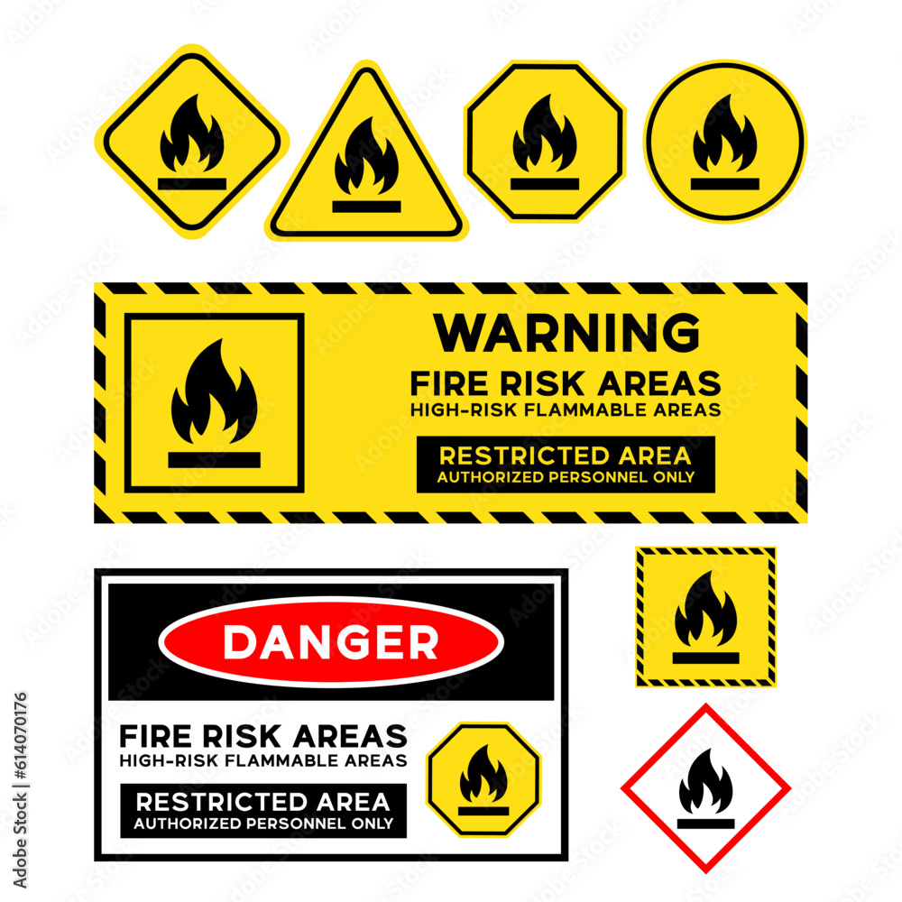 Vector sets of high-risk flammable sign illustrations, warning stickers ...