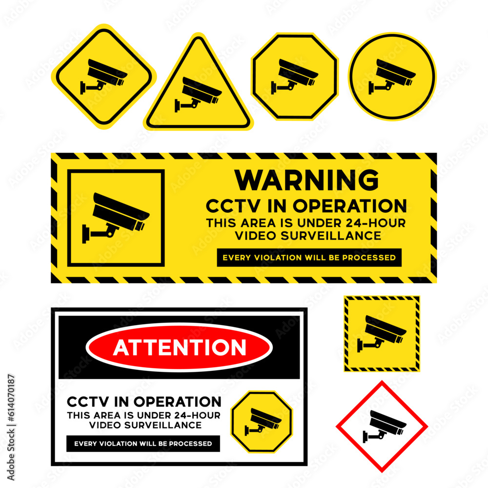 Vector sets of CCTV monitoring sign illustrations, warning stickers ...