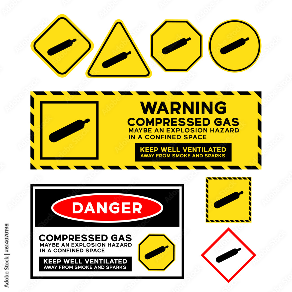 Vector sets of compressed gas signs illustration, warning stickers ...