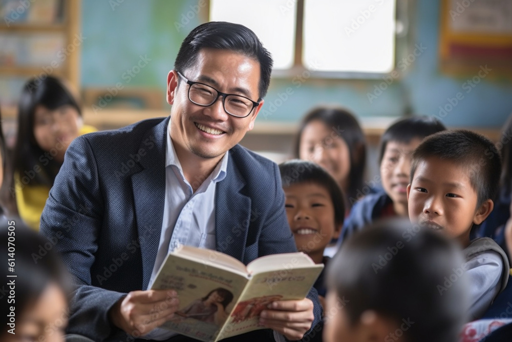 Portrait of an Asian teacher reading a storybook to a group of students ...