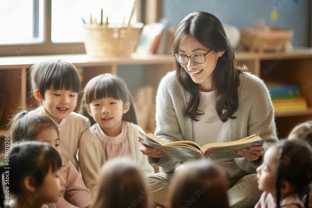 Portrait of an Asian teacher reading a storybook to a group of students ...