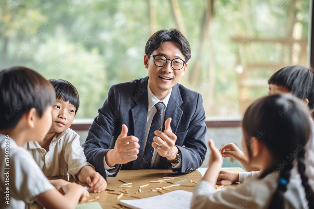 Portrait of an Asian teacher with a group of students engaged in a ...