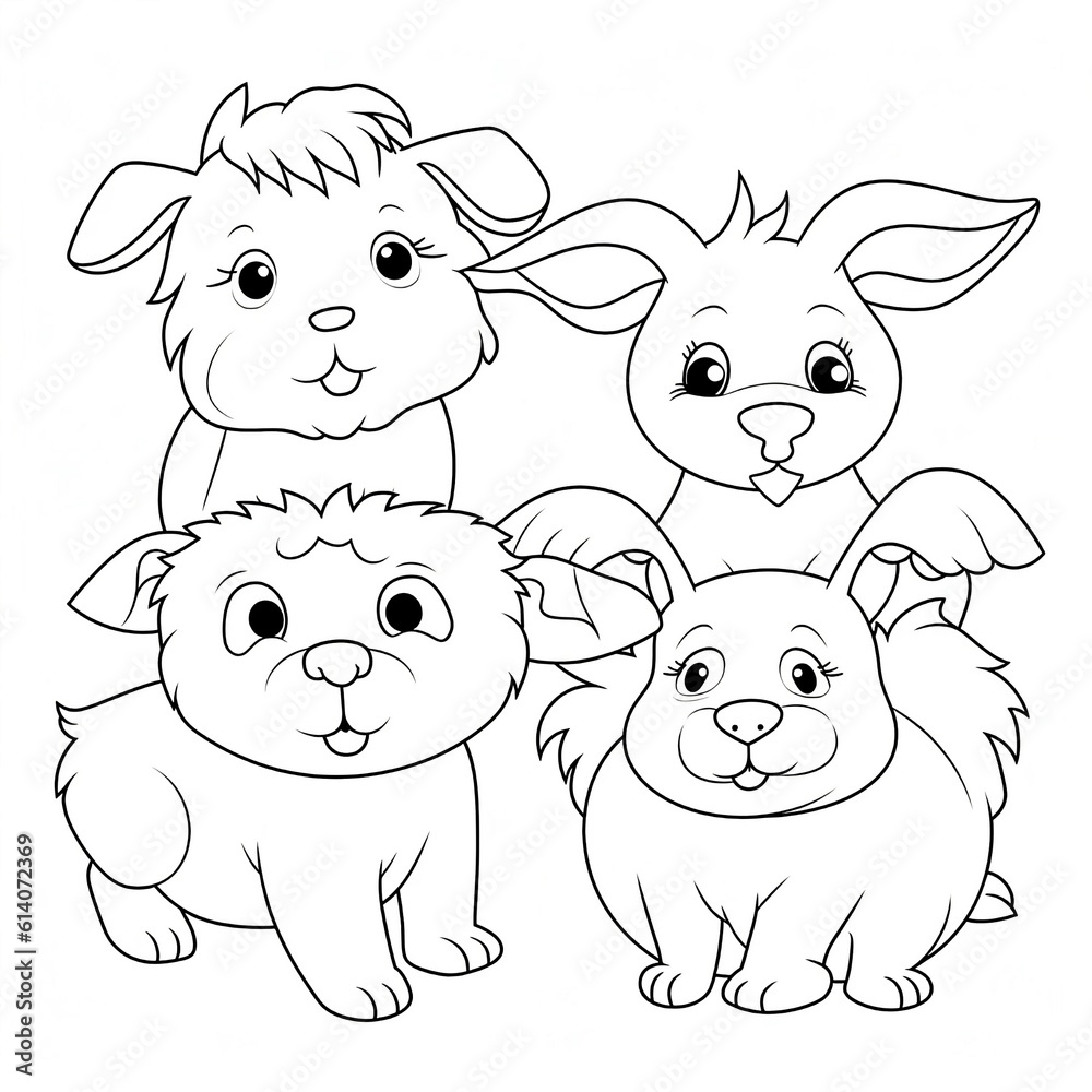 Farm coloring page for kids. Coloring page with dog, lama, bunny, sheep ...