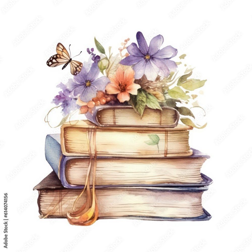 watercolor stack of books and flowers white background scrapbook ...