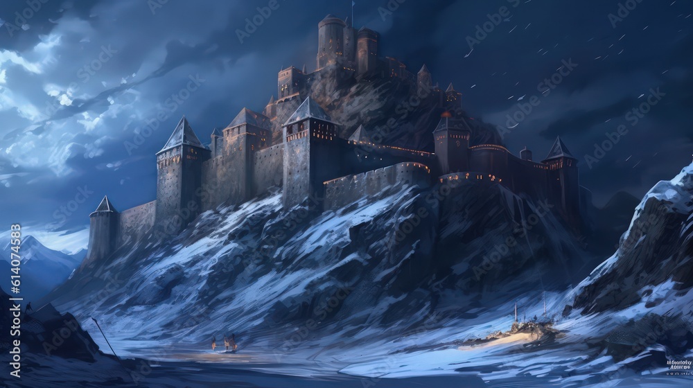Hyper-realistic magnificent large stronghold castle in a snowy tundra ...