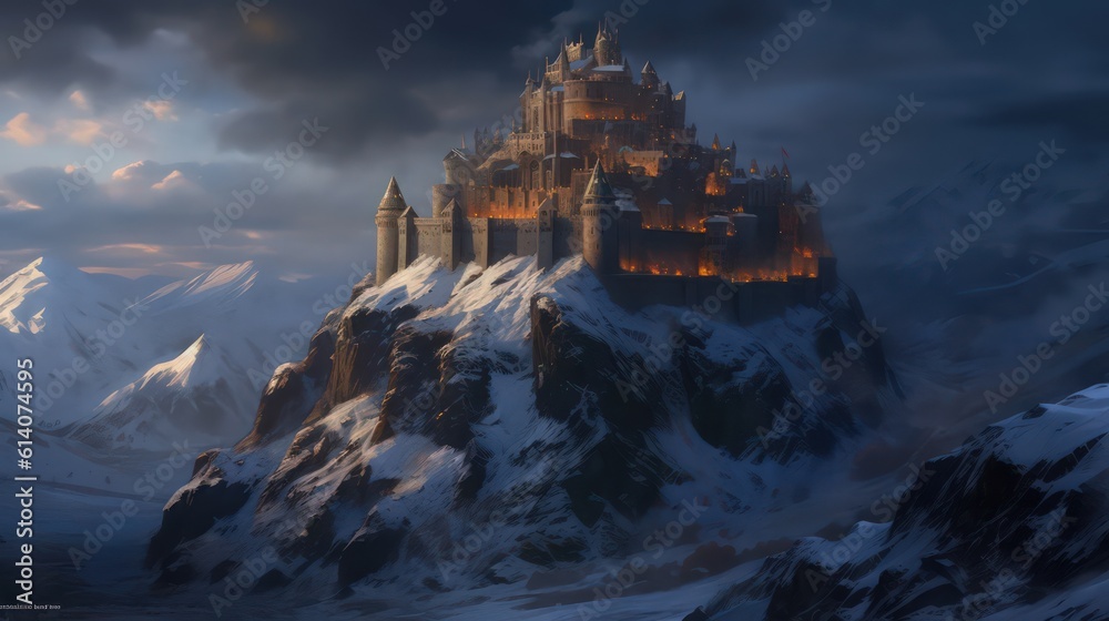 Hyper-realistic magnificent large stronghold castle in a snowy tundra ...