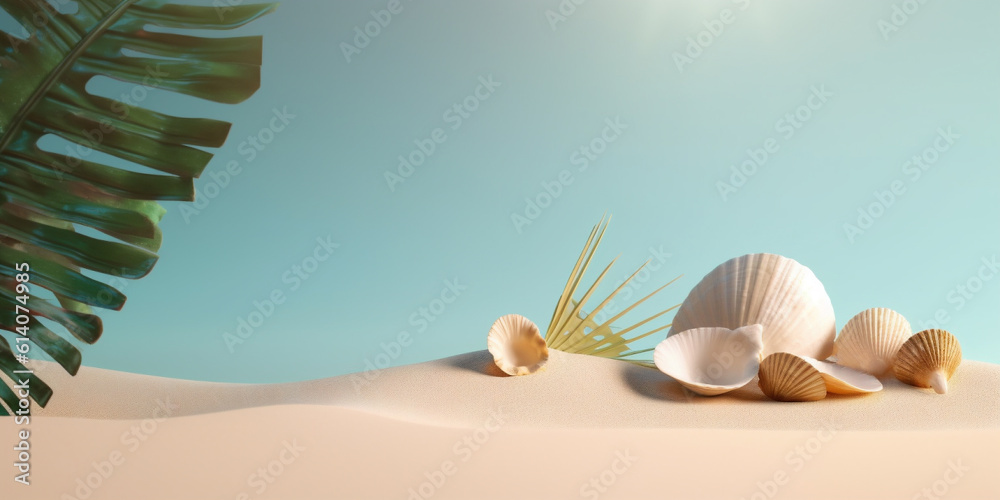 Seashell and palm leaf decor on beach sand scene. Tropical background ...