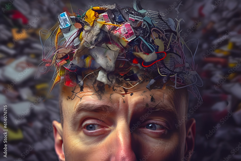 Garbage and rubbish in the head. The concept of disorder is a mess dump ...