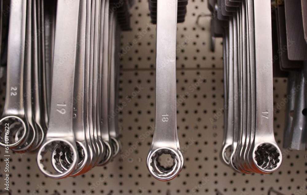 Box End Spanners With Variety Size On A Shelf In A Workshop Stock Photo ...