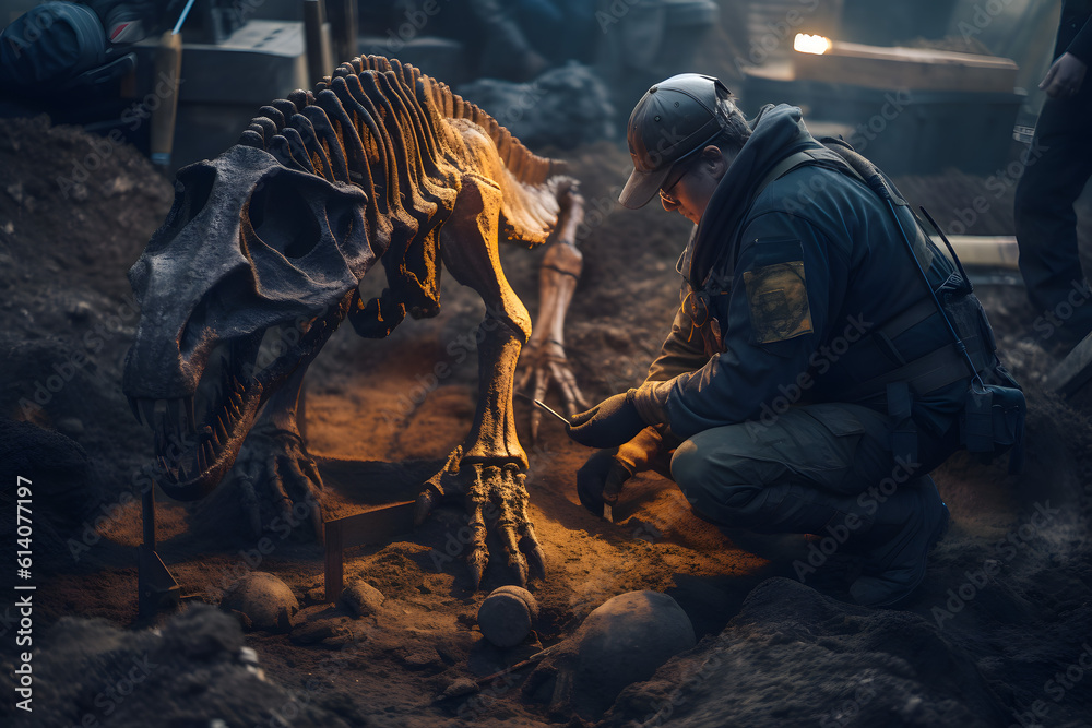 Bones remains of an ancient dinosaur skeleton, the archaeologist works ...