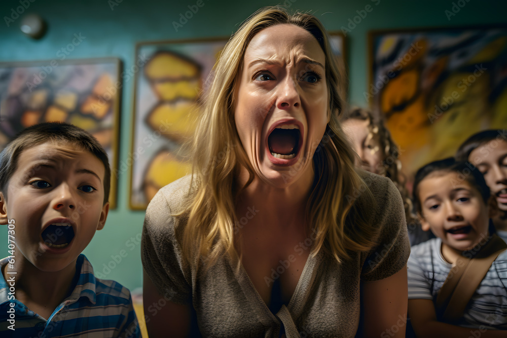 Educational concept theme, portrait of the angry teacher woman yells at ...