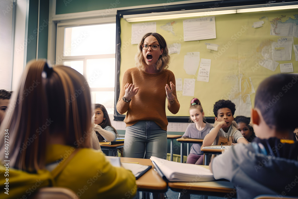 Educational concept theme, portrait of the angry teacher woman yells at ...