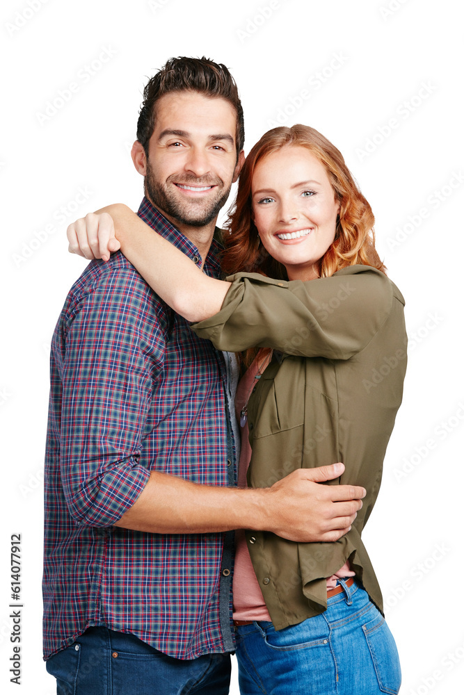 Isolated couple, hug and happy in portrait with hug, care and bonding ...