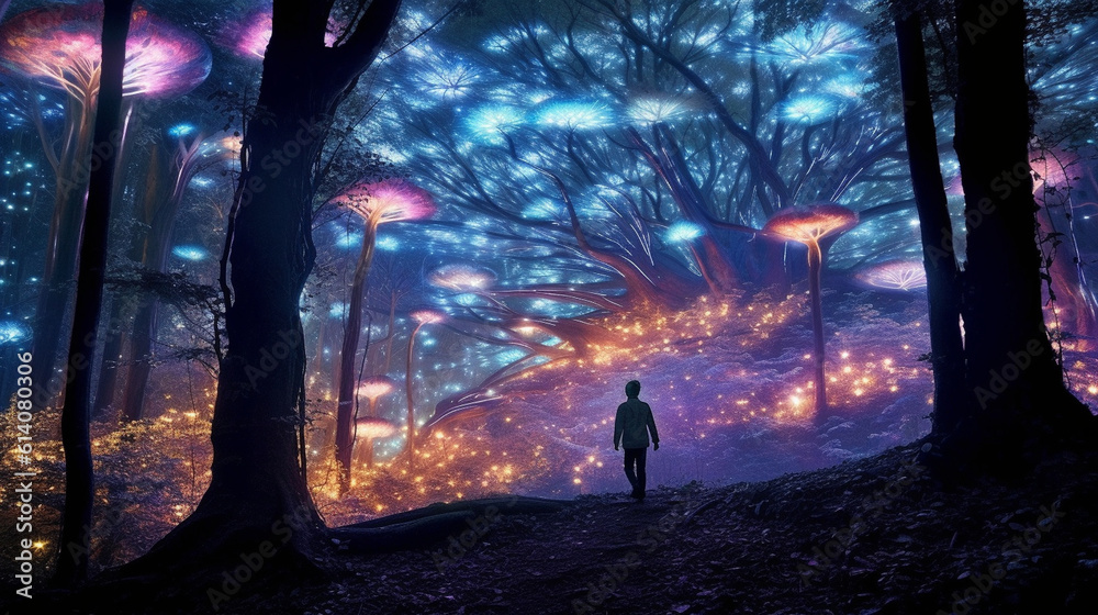 "Step into a surreal dreamscape where a mystical forest glows with ...