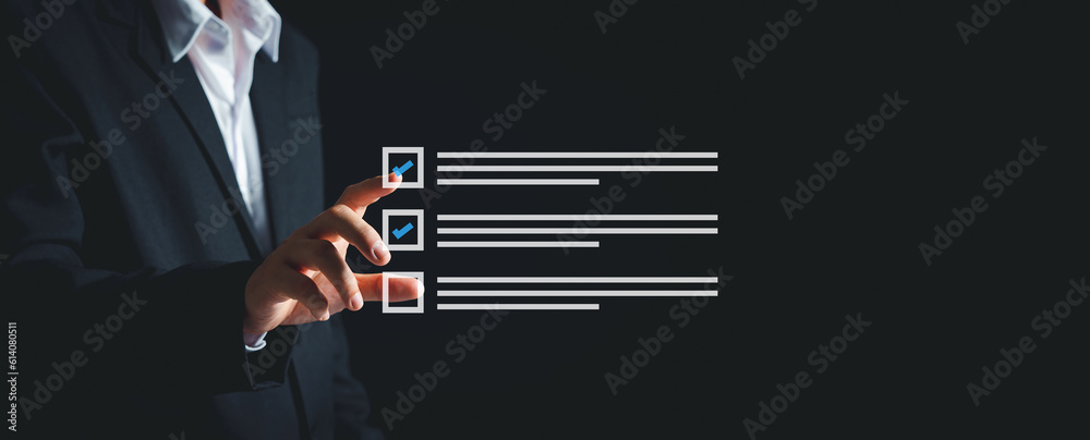 Businessman accuracy document management system concept. Checking mark ...