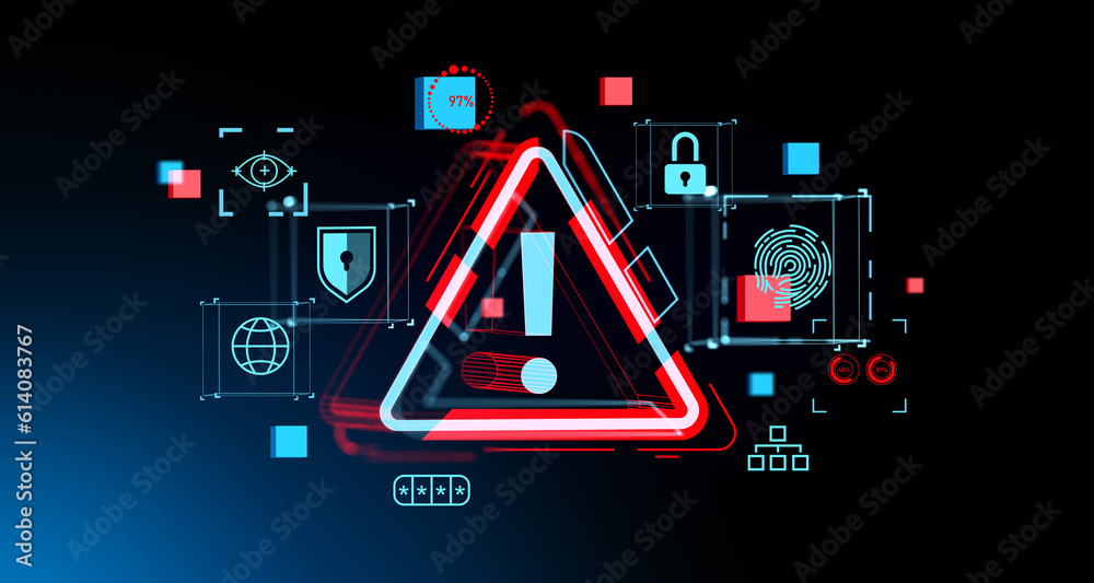 Red alert sign hologram and digital cybersecurity icons and password ...