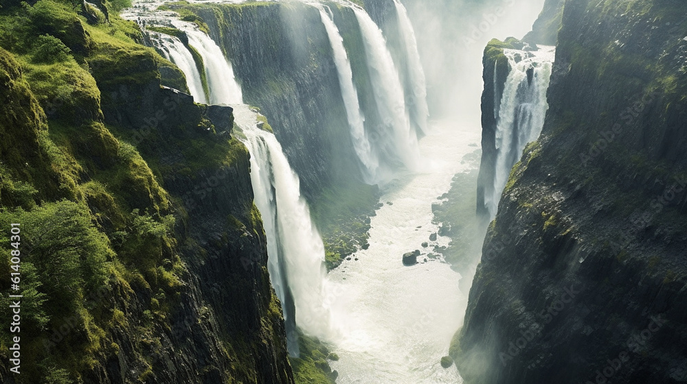 An awe-inspiring image of a massive waterfall cascading down rugged ...