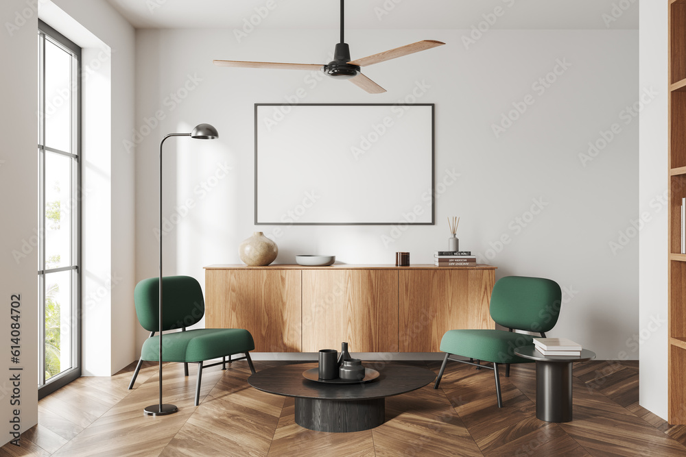 Poster White chill room interior armchairs and sideboard with window ...
