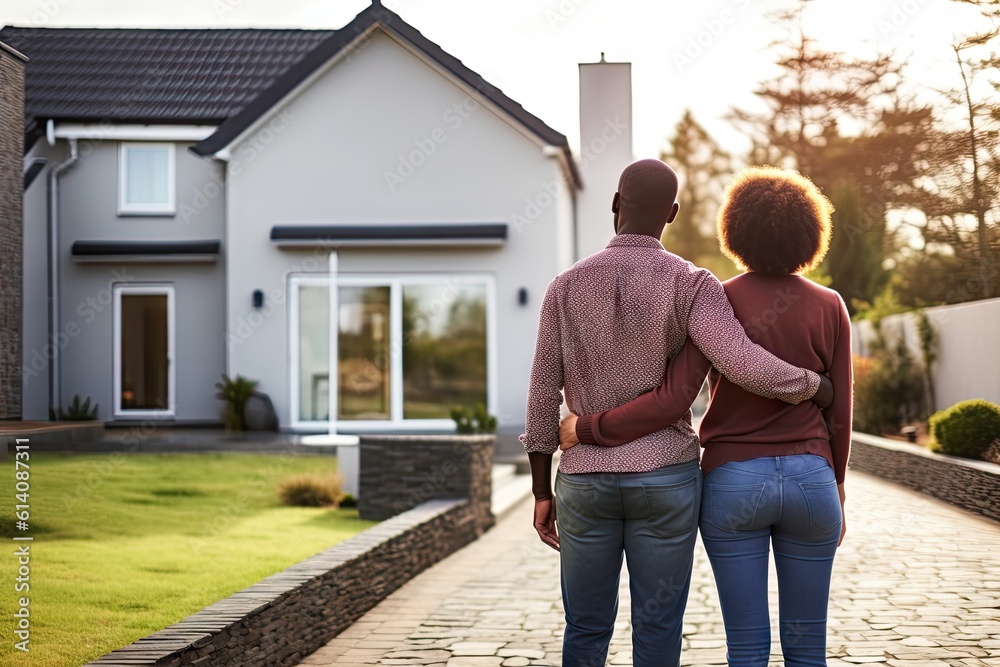 Happy homeowners. Loving couple African American embracing in front of ...