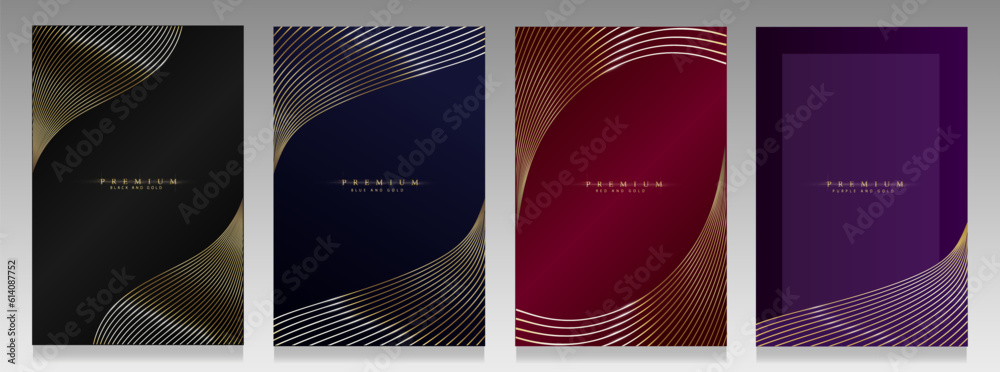 Elegant collection covers. Golden wavy lines on black, blue, red and ...